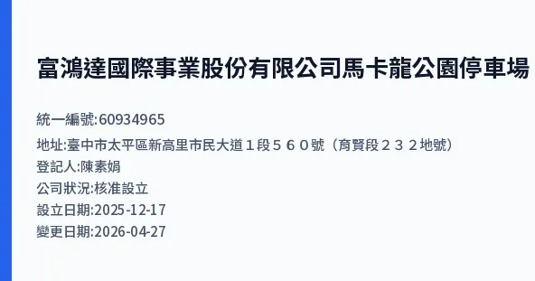 富鴻達國際事業股份有限公司馬卡龍公園停車場的照片-統編 60934965(臺中市) 公司登記資料與營業項目詳細圖表
