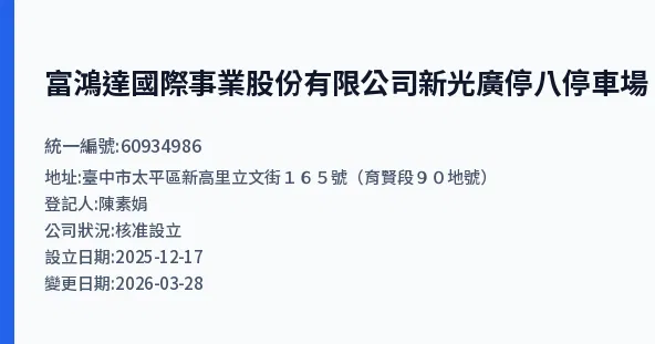 富鴻達國際事業股份有限公司新光廣停八停車場的照片-統編 60934986(臺中市) 公司登記資料與營業項目詳細圖表