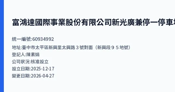 富鴻達國際事業股份有限公司新光廣兼停一停車場的照片-統編 60934992(臺中市) 公司登記資料與營業項目詳細圖表