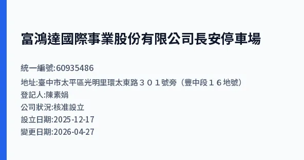 富鴻達國際事業股份有限公司長安停車場的照片-統編 60935486(臺中市) 公司登記資料與營業項目詳細圖表