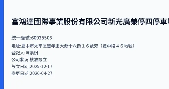 富鴻達國際事業股份有限公司新光廣兼停四停車場的照片-統編 60935508(臺中市) 公司登記資料與營業項目詳細圖表