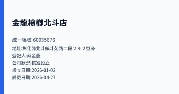 金龍檳榔北斗店的照片-統編 60935676(彰化縣) 公司登記資料與營業項目詳細圖表