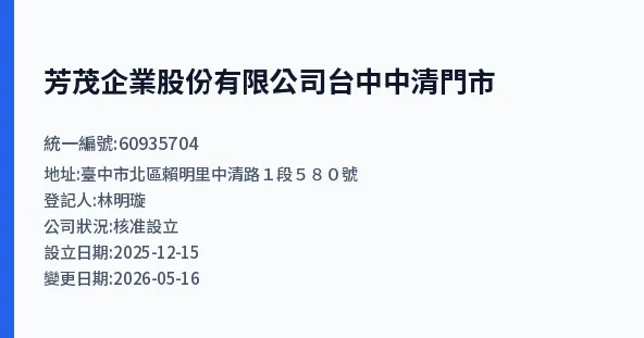 芳茂企業股份有限公司台中中清門市的照片-統編 60935704(臺中市) 公司登記資料與營業項目詳細圖表