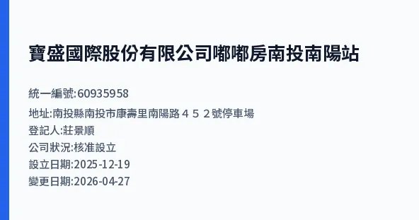 寶盛國際股份有限公司嘟嘟房南投南陽站的照片-統編 60935958(南投縣) 公司登記資料與營業項目詳細圖表