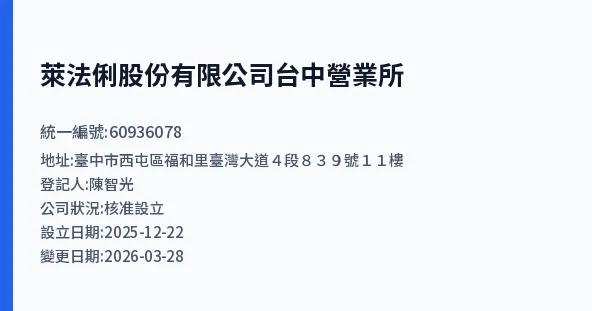 萊法俐股份有限公司台中營業所的照片-統編 60936078(臺中市) 公司登記資料與營業項目詳細圖表