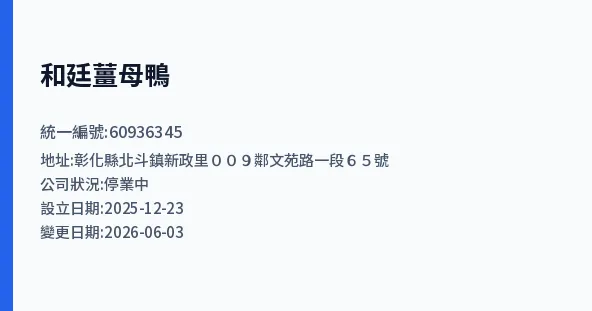 和廷薑母鴨的照片-統編 60936345(彰化縣) 公司登記資料與營業項目詳細圖表