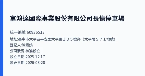富鴻達國際事業股份有限公司長億停車場的照片-統編 60936513(臺中市) 公司登記資料與營業項目詳細圖表