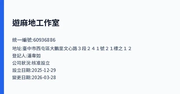 遊麻地工作室的照片-統編 60936886(臺中市) 公司登記資料與營業項目詳細圖表
