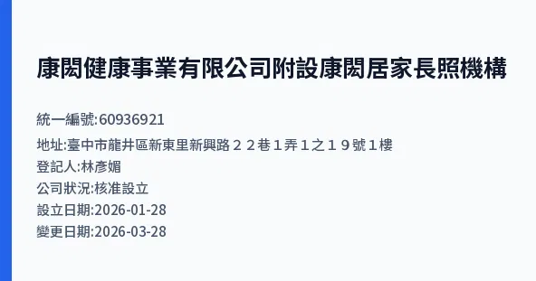 康閎健康事業有限公司附設康閎居家長照機構的照片-統編 60936921(臺中市) 公司登記資料與營業項目詳細圖表