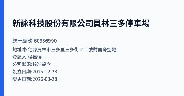 新詠科技股份有限公司員林三多停車場的照片-統編 60936990(彰化縣) 公司登記資料與營業項目詳細圖表