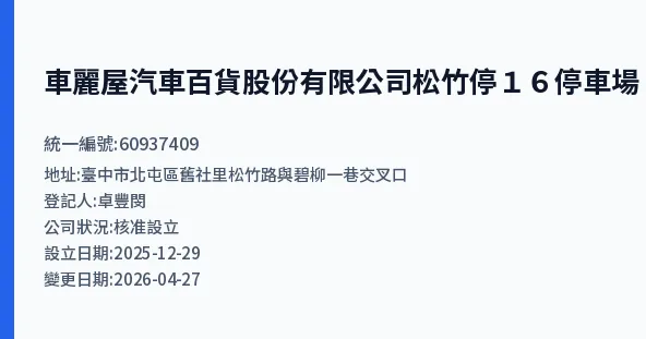車麗屋汽車百貨股份有限公司松竹停16停車場的照片-統編 60937409(臺中市) 公司登記資料與營業項目詳細圖表