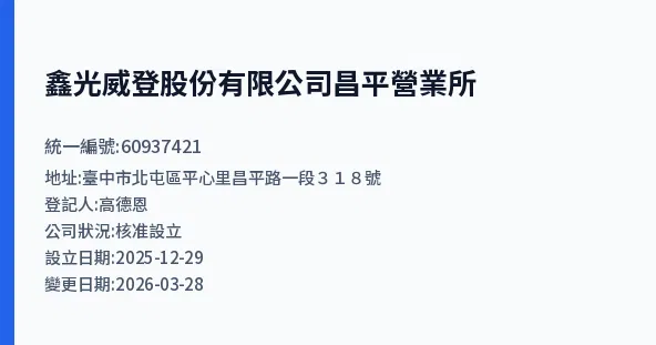 鑫光威登股份有限公司昌平營業所的照片-統編 60937421(臺中市) 公司登記資料與營業項目詳細圖表