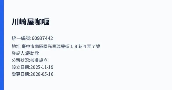 川崎屋咖喱的照片-統編 60937442(臺中市) 公司登記資料與營業項目詳細圖表