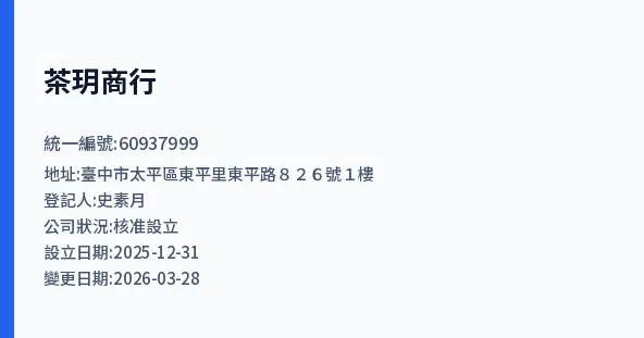 茶玥商行的照片-統編 60937999(臺中市) 公司登記資料與營業項目詳細圖表