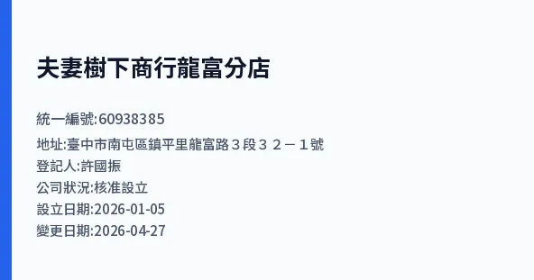 夫妻樹下商行龍富分店的照片-統編 60938385(臺中市) 公司登記資料與營業項目詳細圖表
