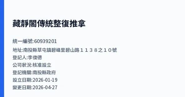 藏靜閣傳統整復推拿的照片-統編 60939201(南投縣) 公司登記資料與營業項目詳細圖表