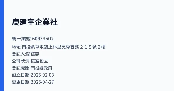 庚建宇企業社的照片-統編 60939602(南投縣) 公司登記資料與營業項目詳細圖表