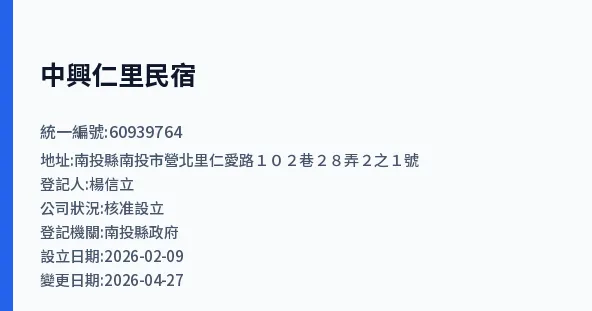 中興仁里民宿的照片-統編 60939764(南投縣) 公司登記資料與營業項目詳細圖表