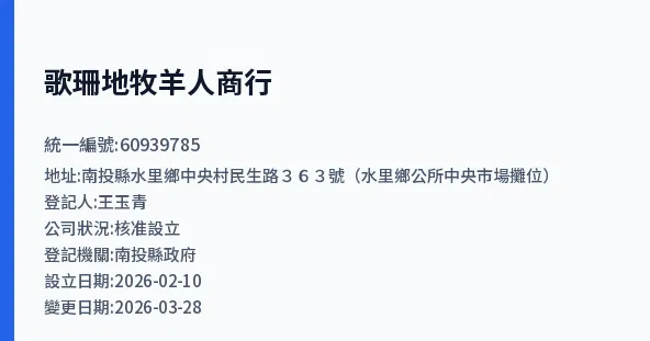 歌珊地牧羊人商行的照片-統編 60939785(南投縣) 公司登記資料與營業項目詳細圖表