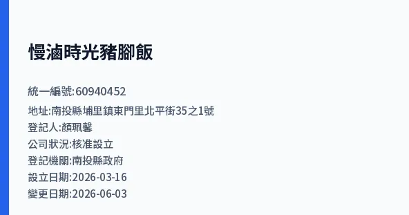 慢滷時光豬腳飯的照片-統編 60940452(南投縣) 公司登記資料與營業項目詳細圖表