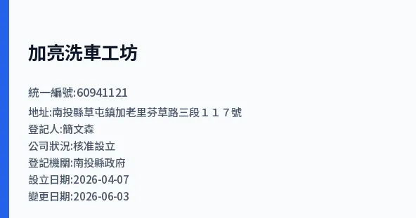 加亮洗車工坊的照片-統編 60941121(南投縣) 公司登記資料與營業項目詳細圖表