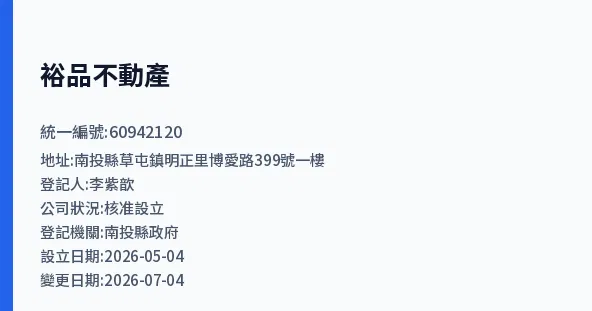 裕品不動產的照片-統編 60942120(南投縣) 公司登記資料與營業項目詳細圖表