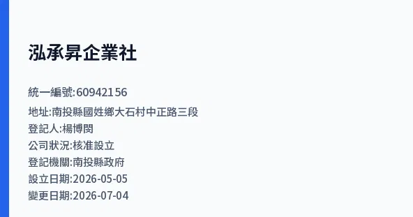 泓承昇企業社的照片-統編 60942156(南投縣) 公司登記資料與營業項目詳細圖表