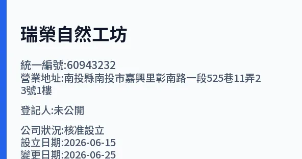 瑞榮自然工坊的照片-統編 60943232(南投縣) 公司登記資料與營業項目詳細圖表