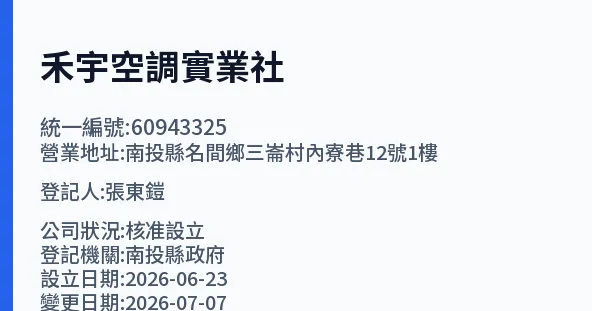 禾宇空調實業社的照片-統編 60943325(南投縣) 公司登記資料與營業項目詳細圖表