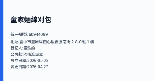童家麵線刈包的照片-統編 60944099(臺中市) 公司登記資料與營業項目詳細圖表
