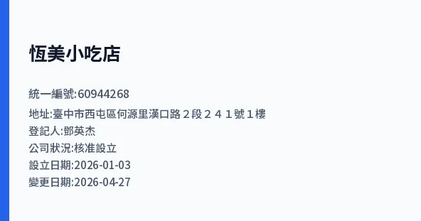 恆美小吃店的照片-統編 60944268(臺中市) 公司登記資料與營業項目詳細圖表