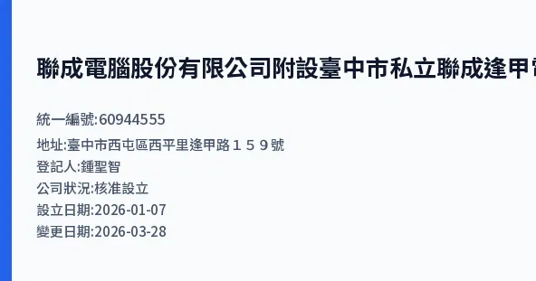 聯成電腦股份有限公司附設臺中市私立聯成逢甲電腦短期補習班的照片-統編 60944555(臺中市) 公司登記資料與營業項目詳細圖表