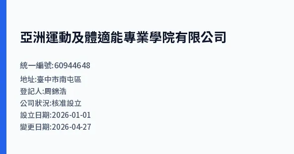 亞洲運動及體適能專業學院有限公司的照片-統編 60944648(臺中市) 公司登記資料與營業項目詳細圖表