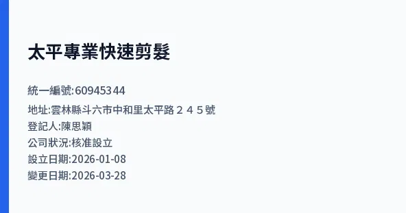 太平專業快速剪髮的照片-統編 60945344(雲林縣) 公司登記資料與營業項目詳細圖表
