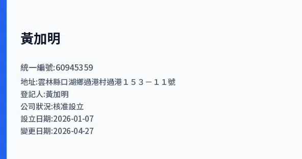 黃加明的照片-統編 60945359(雲林縣) 公司登記資料與營業項目詳細圖表