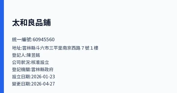 太和良品鋪的照片-統編 60945560(雲林縣) 公司登記資料與營業項目詳細圖表