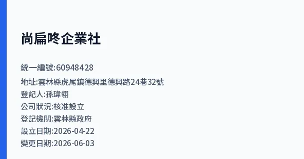 尚扁咚企業社的照片-統編 60948428(雲林縣) 公司登記資料與營業項目詳細圖表