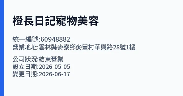 橙長日記寵物美容的照片-統編 60948882 公司登記資料與營業項目詳細圖表