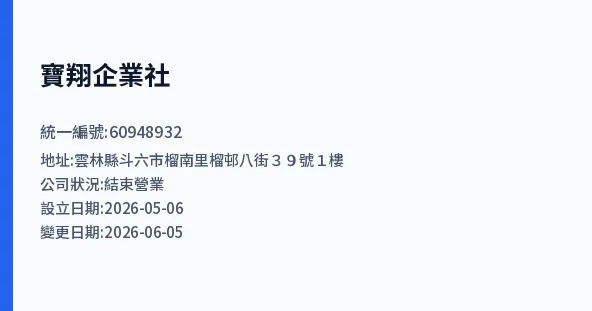 寶翔企業社的照片-統編 60948932(雲林縣) 公司登記資料與營業項目詳細圖表