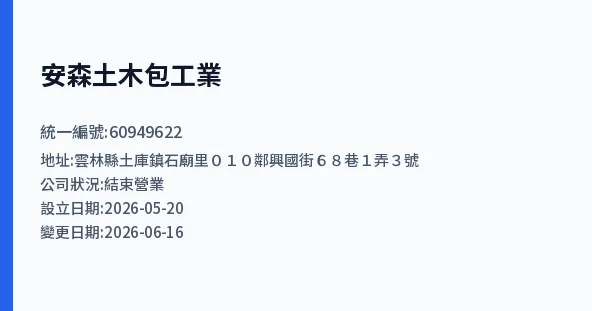 安森土木包工業的照片-統編 60949622(雲林縣) 公司登記資料與營業項目詳細圖表