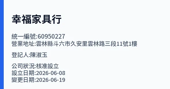 幸福家具行的照片-統編 60950227(雲林縣) 公司登記資料與營業項目詳細圖表