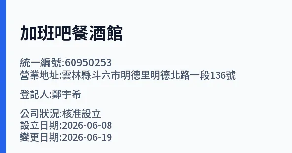 加班吧餐酒館的照片-統編 60950253(雲林縣) 公司登記資料與營業項目詳細圖表