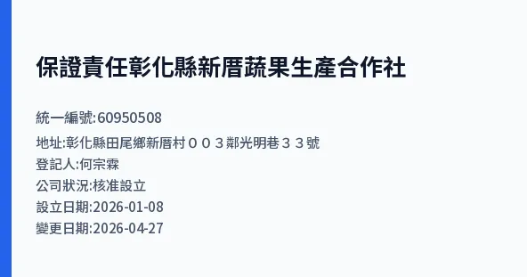 保證責任彰化縣新厝蔬果生產合作社的照片-統編 60950508(彰化縣) 公司登記資料與營業項目詳細圖表