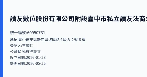 讀友數位股份有限公司附設臺中市私立讀友法商公職證照文理短期補習班的照片-統編 60950731(臺中市) 公司登記資料與營業項目詳細圖表