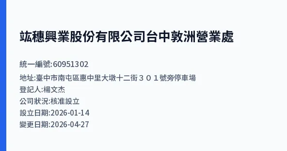 竑穗興業股份有限公司台中敦洲營業處的照片-統編 60951302(臺中市) 公司登記資料與營業項目詳細圖表