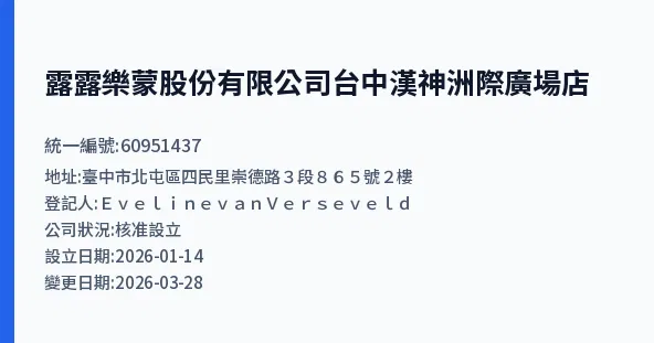 露露樂蒙股份有限公司台中漢神洲際廣場店的照片-統編 60951437(臺中市) 公司登記資料與營業項目詳細圖表