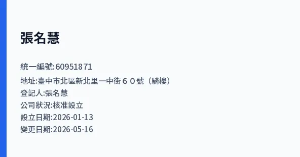 張名慧的照片-統編 60951871(臺中市) 公司登記資料與營業項目詳細圖表