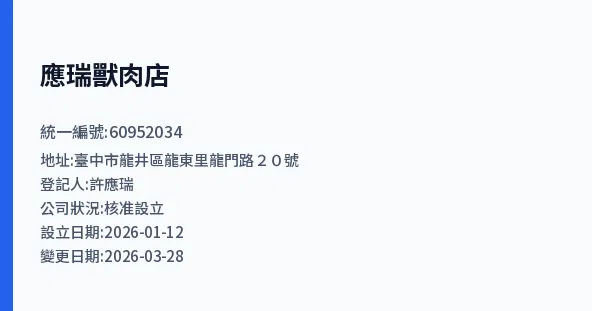 應瑞獸肉店的照片-統編 60952034(臺中市) 公司登記資料與營業項目詳細圖表