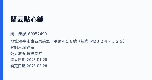 蘭云點心鋪的照片-統編 60952490(臺中市) 公司登記資料與營業項目詳細圖表
