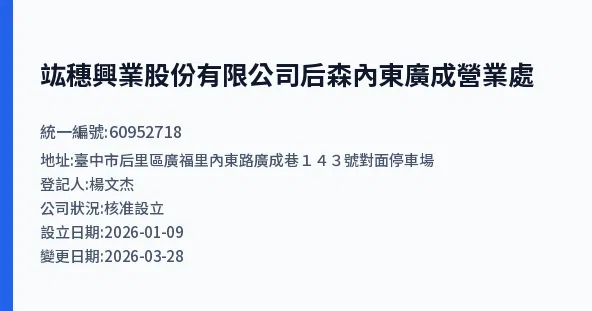 竑穗興業股份有限公司后森內東廣成營業處的照片-統編 60952718(臺中市) 公司登記資料與營業項目詳細圖表